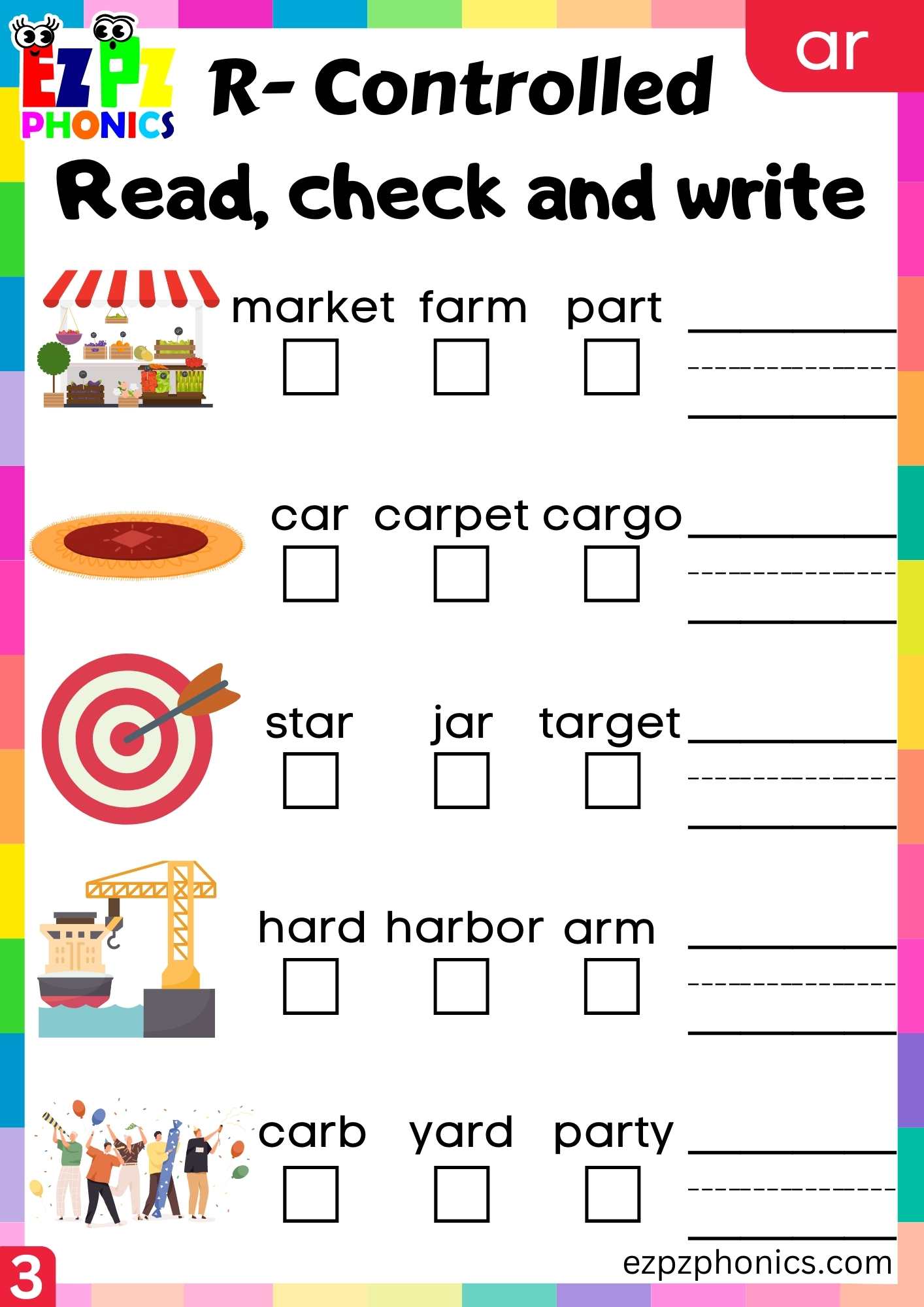 Read check and write activity for ar two syllable words R controlled vowels phonics group 3 ...